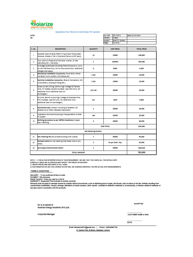 Quotation - 7kVA on-Grid Solar PV System - Knox (1) | PDF ...