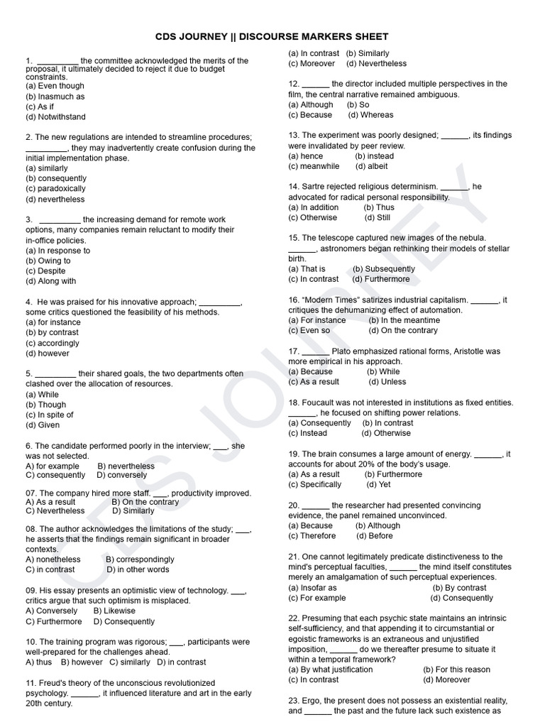 Discourse Markers Test Guide | PDF | Thought | Unconscious Mind