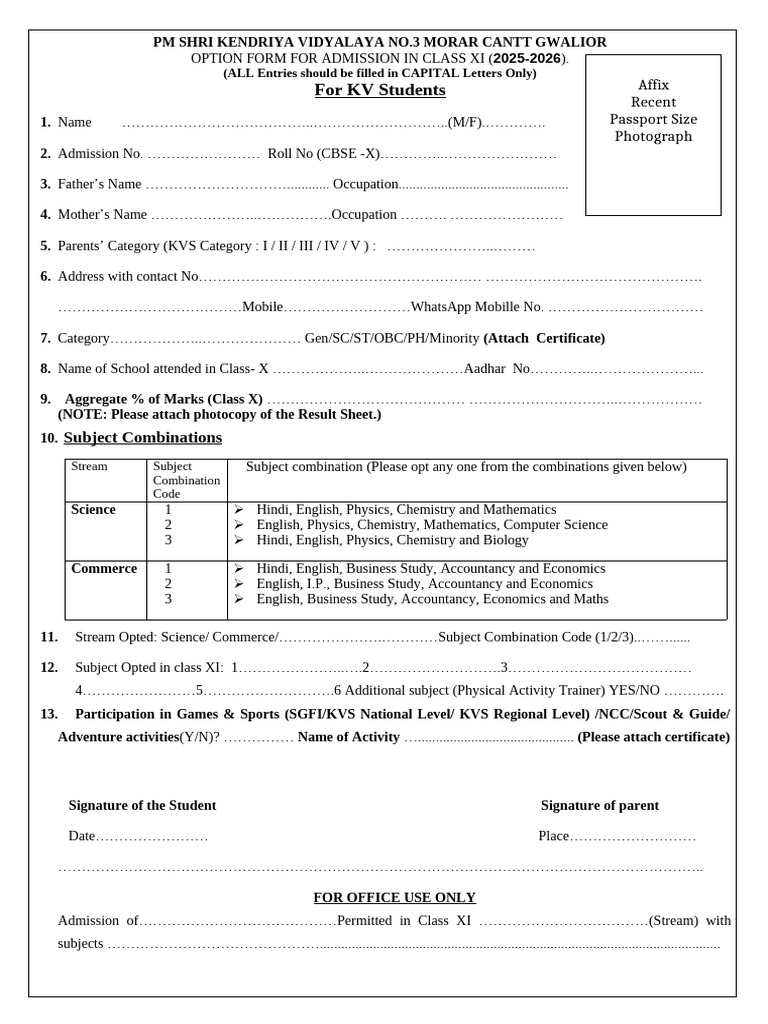 Option Form KV Class Xi 2025 | PDF | Chess Openings | Chess