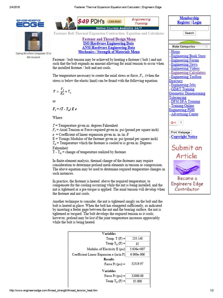 Fastener Thermal Expansion Equation and Calculator - Engineers Edge ...
