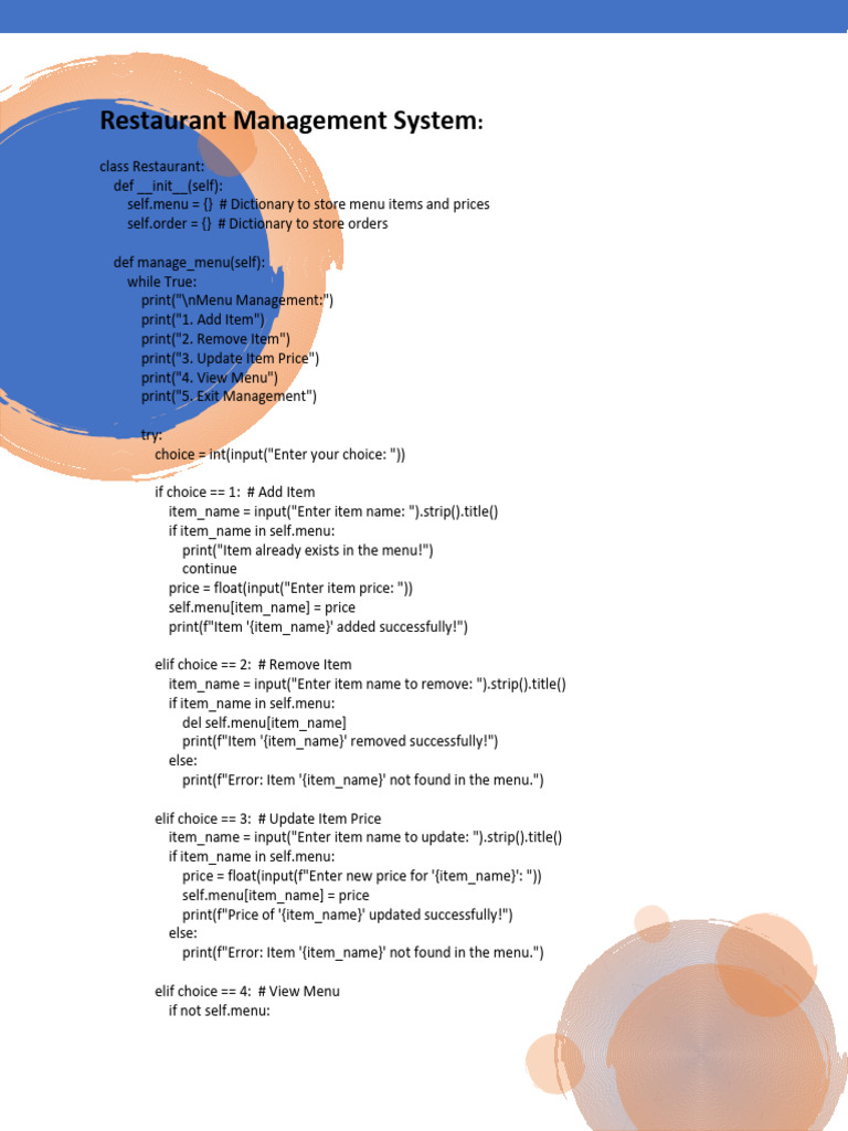 Restaurant Management System | PDF | Menu | Computer Programming