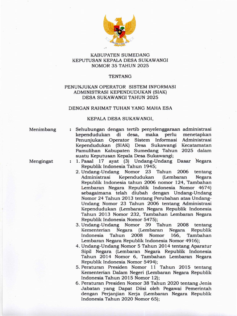 SK Operator Siak Desa Sukawangi | PDF