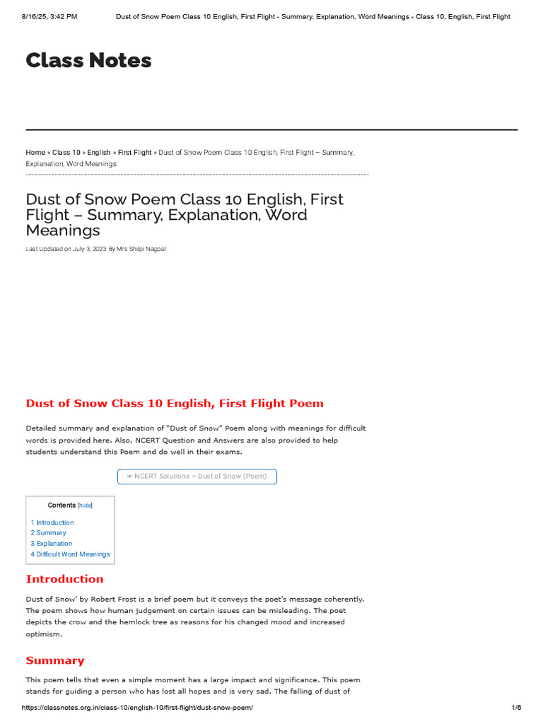 Dust of Snow Poem: Summary & Analysis | PDF