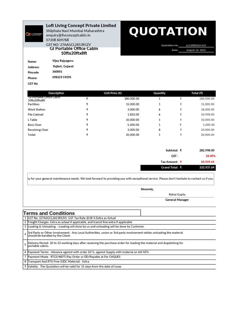 Quotation for Portable Office Cabin | PDF | Payments