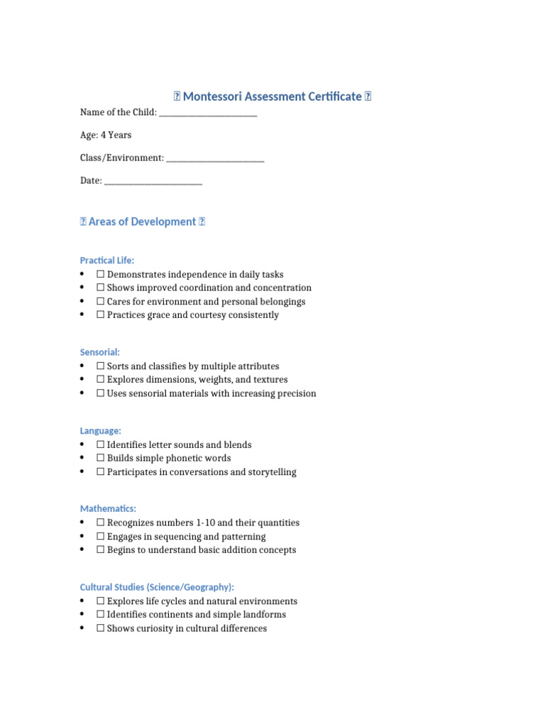 Montessori Assessment Certificate 4 Years | PDF