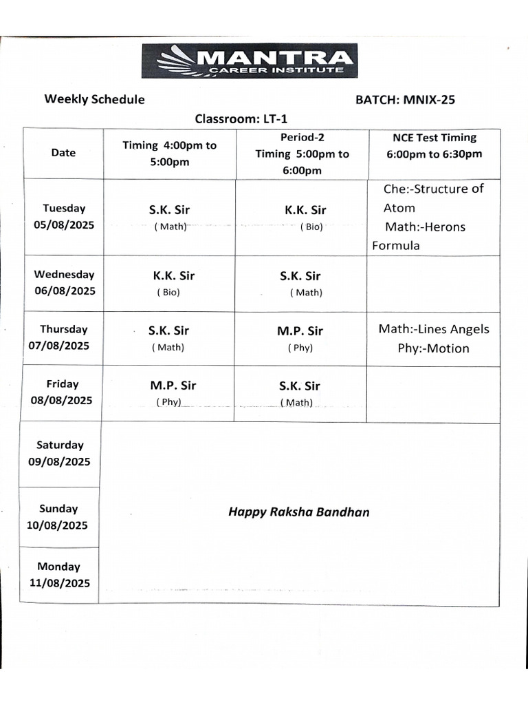Weekly Schedule - 22 | PDF