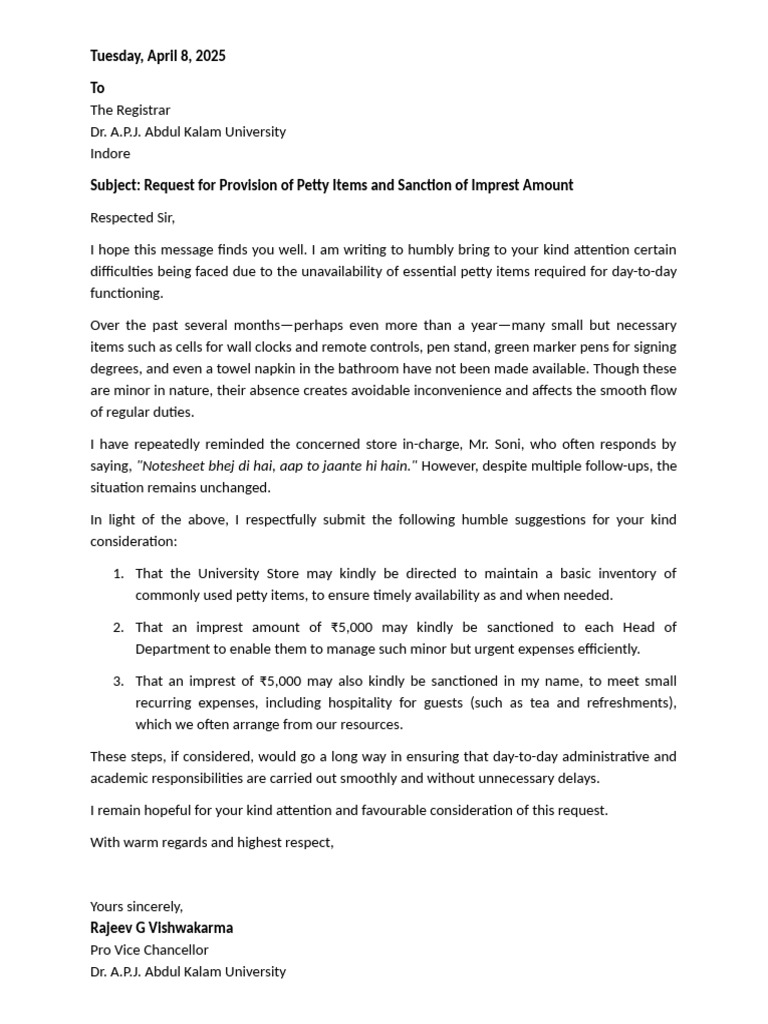 Letter For Imprest 08APR25 | PDF