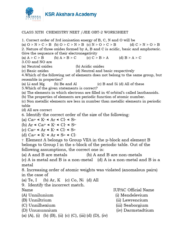 Class XII Chemistry NEET/JEE Worksheet | PDF | Ion | Nitric Acid