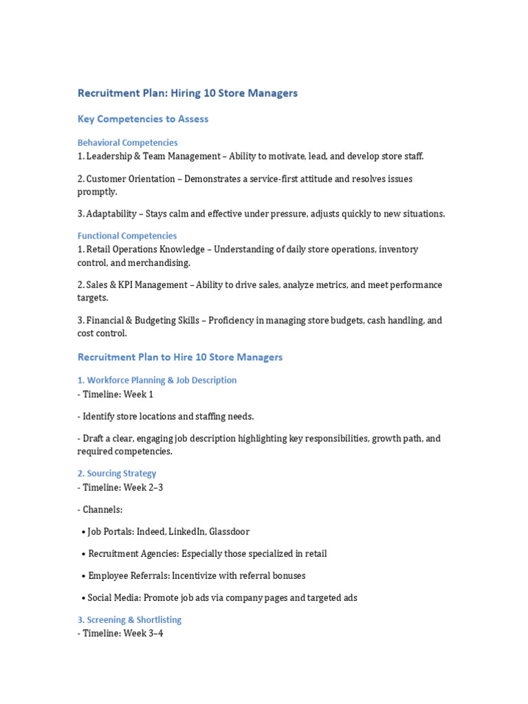Recruitment Plan Store Managers | PDF