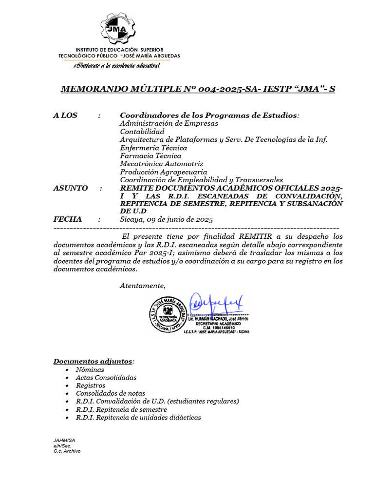 Memo Multiple #004 Remite Documentos Academicos 2025-I | PDF
