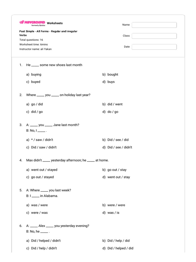 Past Simple - All Forms - Regular and Irregular Verbs _ Wayground | PDF ...