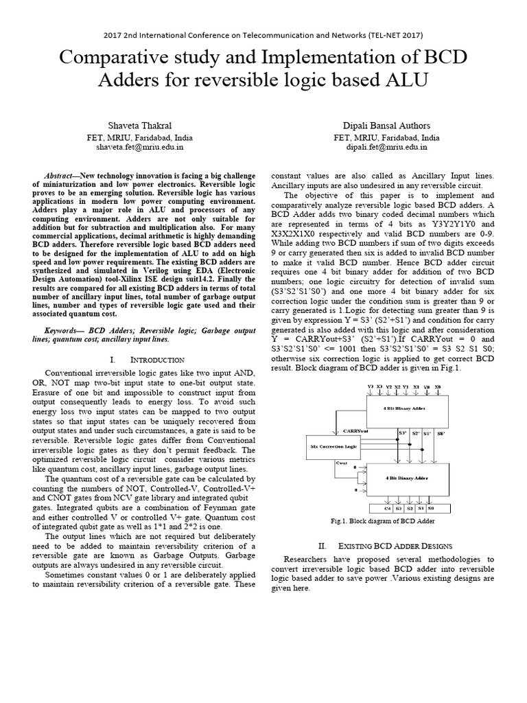 Comparative Study and Implementation of BCD Adders For Reversible Logic ...