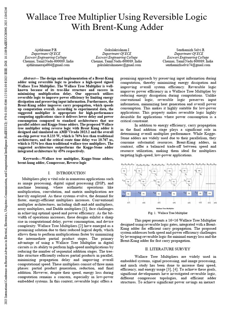 Wallace Tree Multiplier Using Reversible Logic With Brent-Kung Adder | PDF | Computing | Digital ...