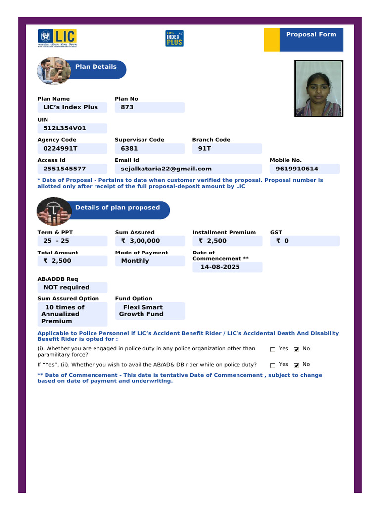 LIC Index Plus Proposal Form 873 | PDF | Insurance | Life Insurance