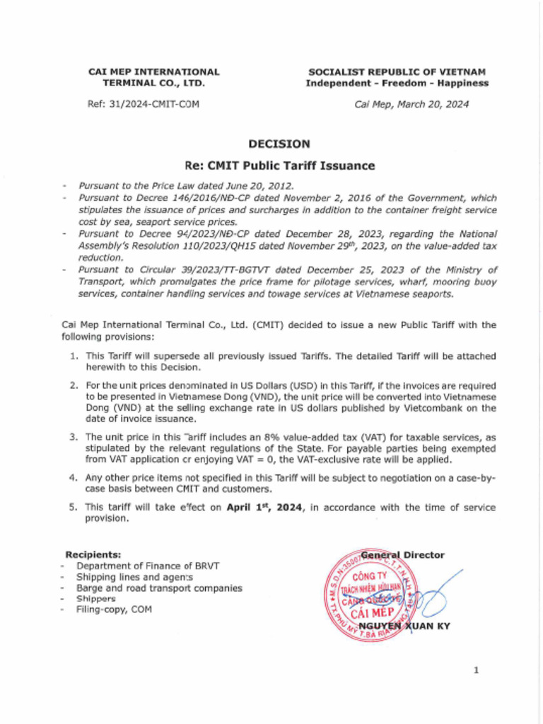 CMIT New Public Tariff and Payment Instruction - 1st Apr 2024 | PDF