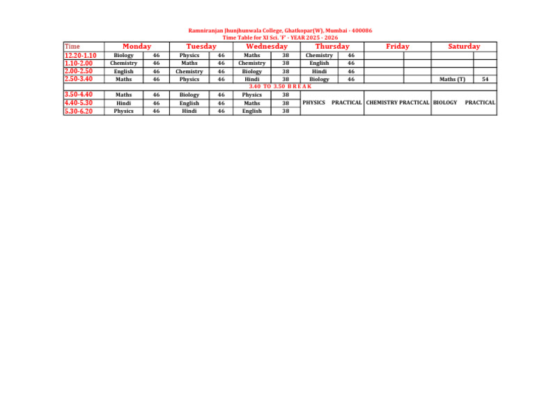 Xi Sci Div F Timetable 2025-26 | PDF