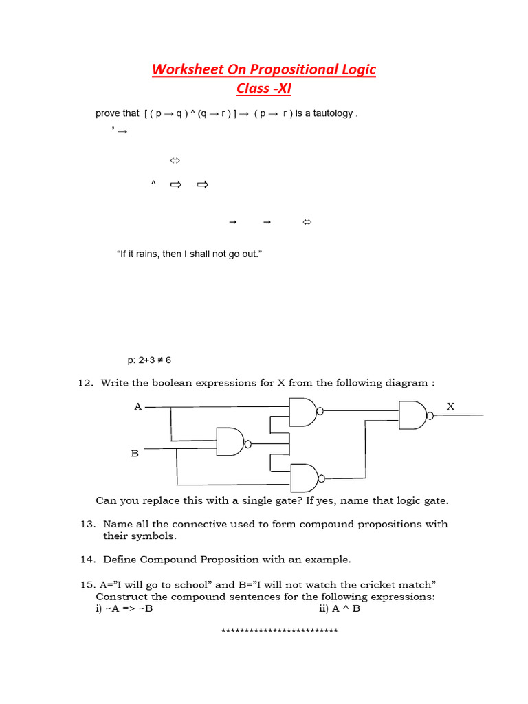 Class11 Worksheet Proposition Logic | PDF