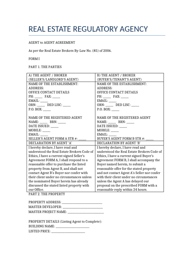 RERA Agent to Agent Agreement Form | PDF | Private Law