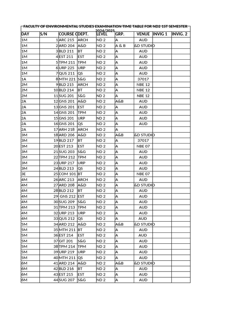 ND2 1st Semester Exam Timetable 2024/25 | PDF