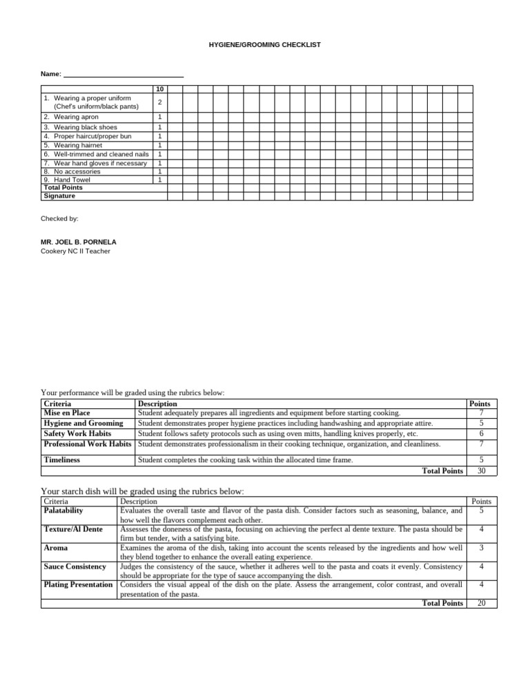 Hygiene and Grooming Checklist for Chefs | PDF | Pasta | Cooking