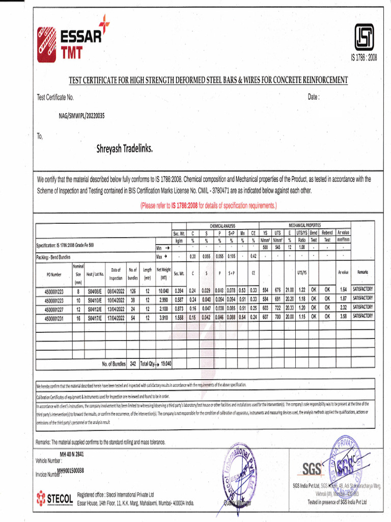 High Strength Steel Test Certificate | PDF | Building Materials