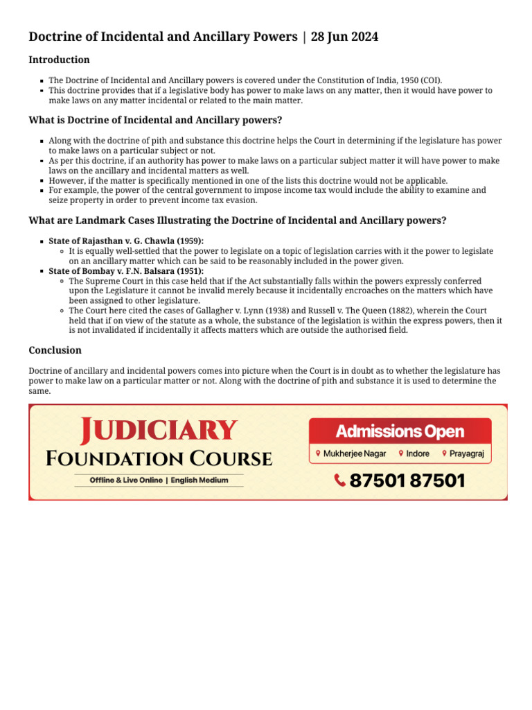 Ancillary and Incidental Powers Doctrine | PDF