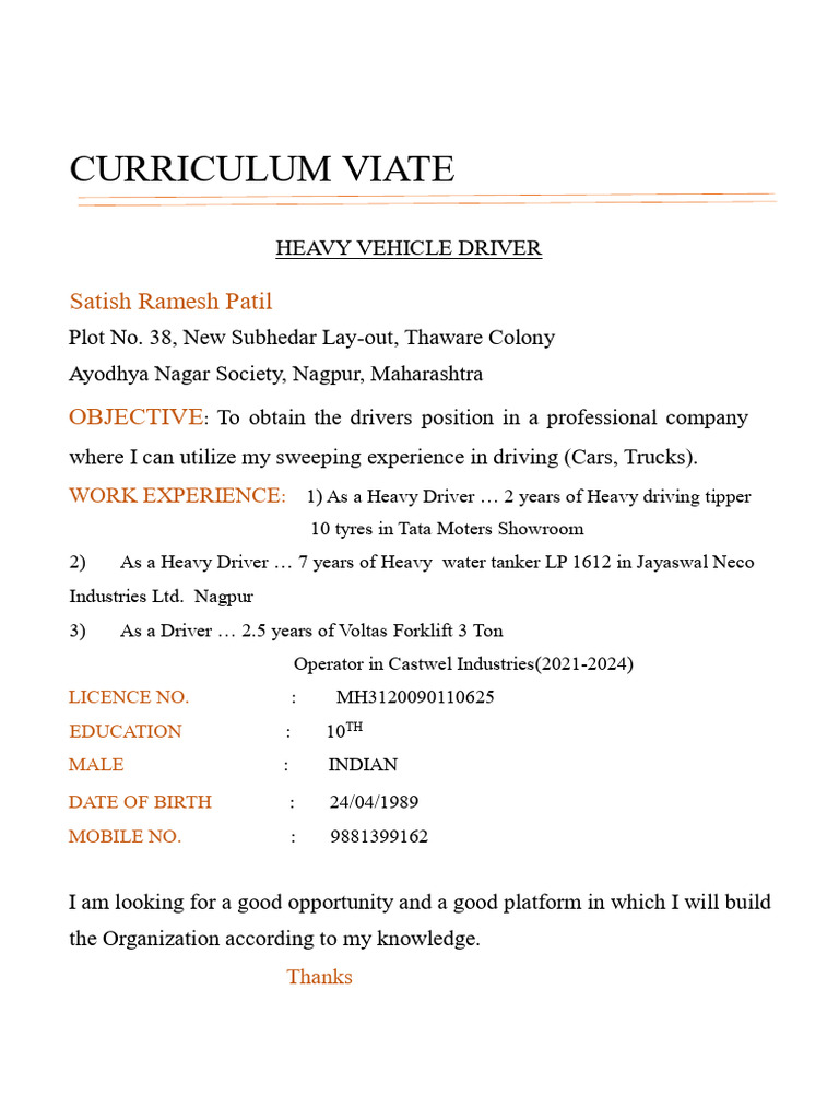 Heavy Vehicle Driver Resume of Satish Patil | PDF