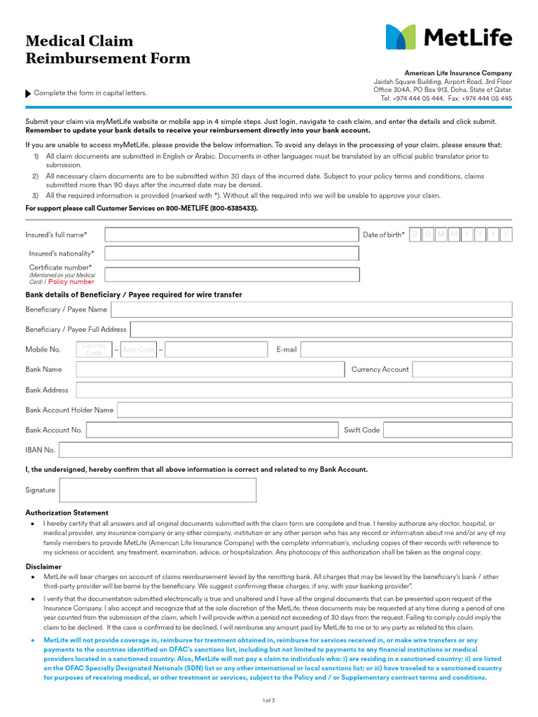 MET_Medical Claim Reimbursement Form_EN_QTR- Individual Policy | PDF | Met Life | Insurance