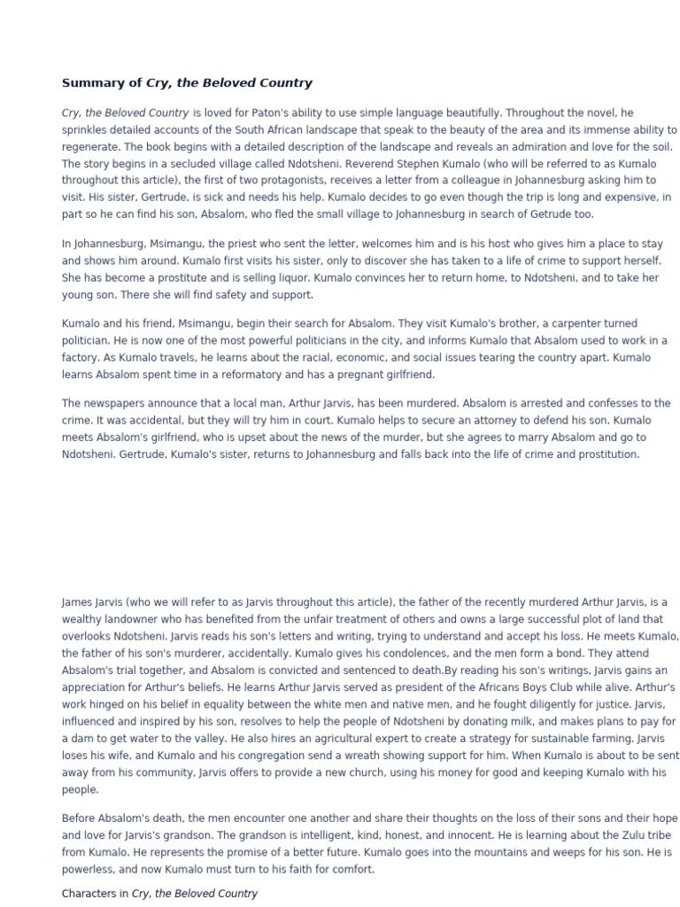 Summary of Cry The Beloved Country | PDF