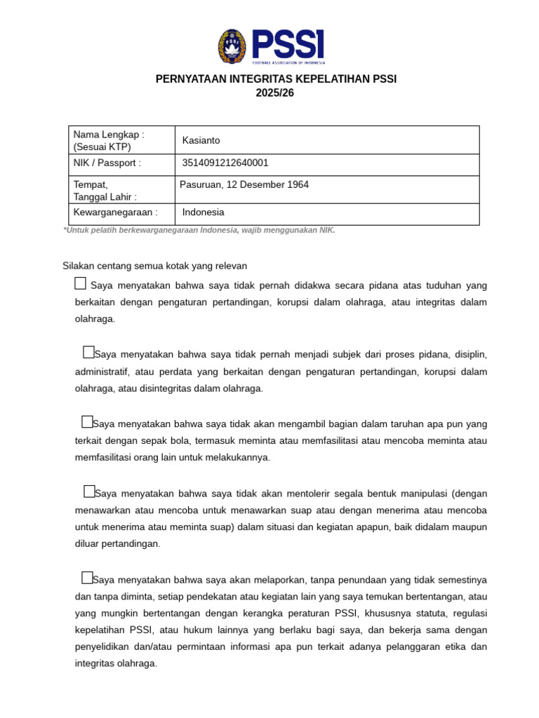 PSSI Coach Integrity Declaration Bahasa Template | PDF