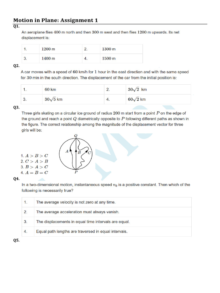 Motion in Plane Assignment 1 | PDF