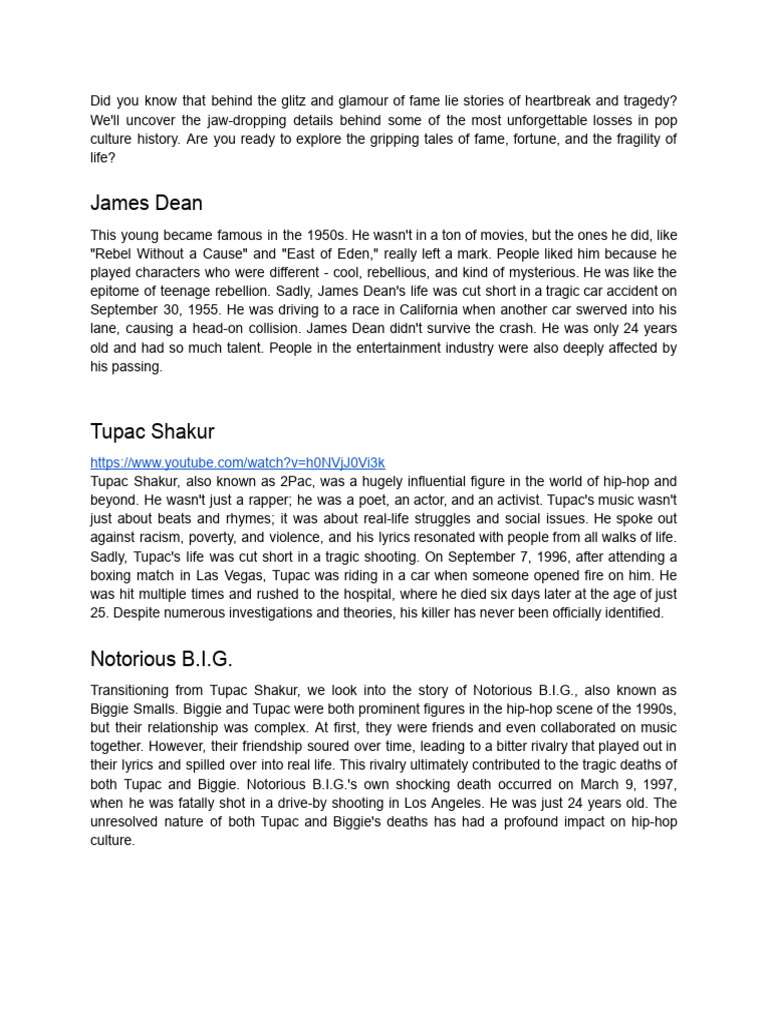 Tragic Celebrity Deaths in Pop Culture | PDF