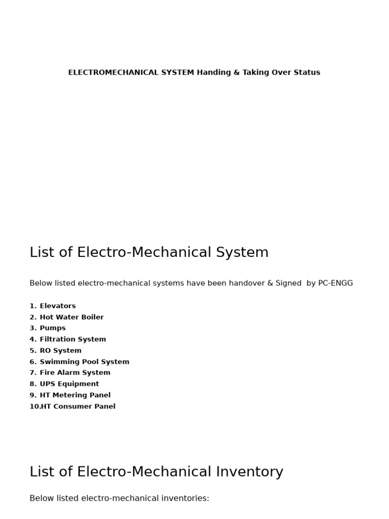 ELECTROMECHANICAL SYSTEM Handing & Taking Over Status | PDF | Building ...