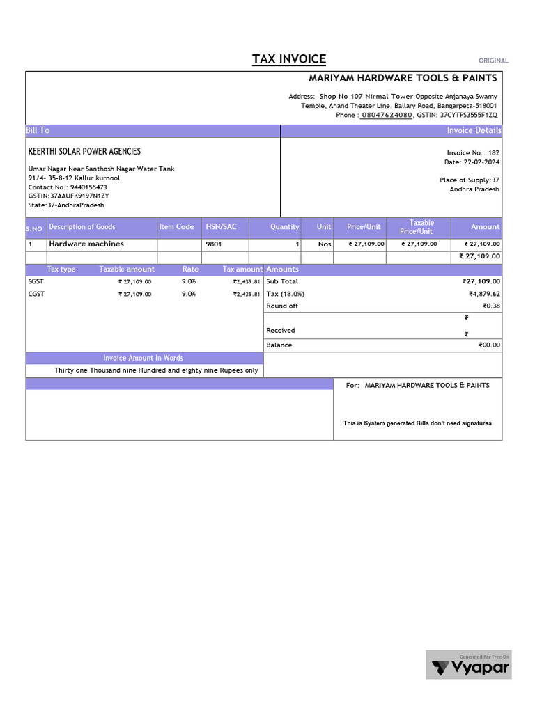 Mariyam Hardware 182-Invoice | PDF | Invoice | Taxation