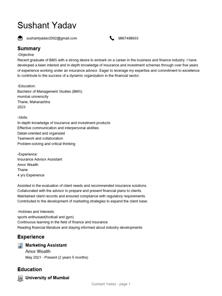 Resume Sushant Yadav | PDF