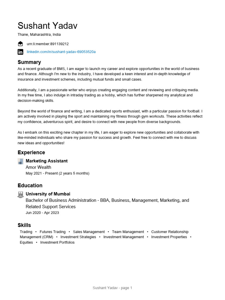 Resume Sushant Yadav | PDF