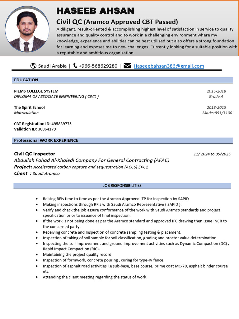 Haseeb Ahsan Civil QC Inspector Cv. | PDF | Concrete