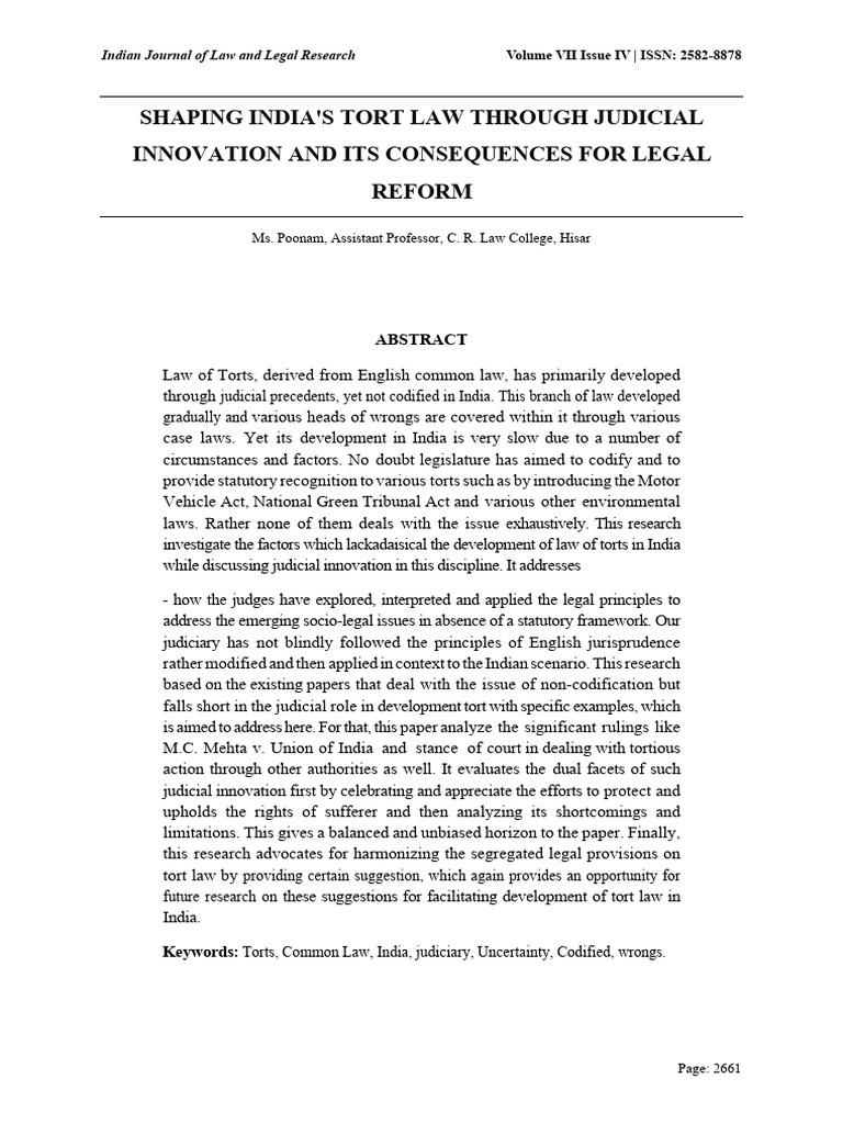 Shaping India's Tort Law Through Judicial Innovation and Its Consequences for Legal Reform | PDF ...