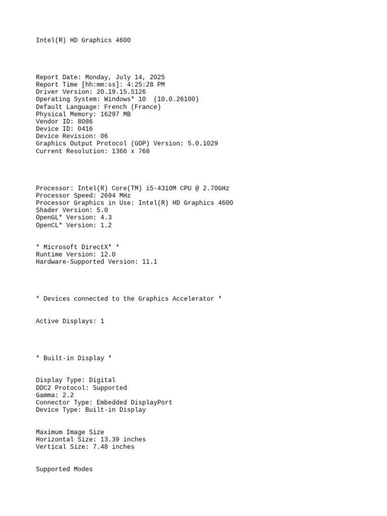 Intel (R) HD Graphics 4600 Lundi 14 Juillet 2025 - English | PDF