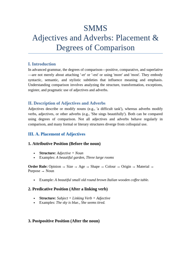 SMMS# Adjectives and Averbs#Placement & Degrees of Comparison | PDF | Adjective | Adverb