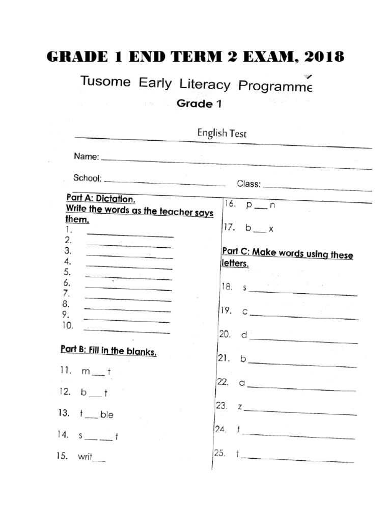 English Activities Grade 1 End Term 2 Exam 2018 | PDF