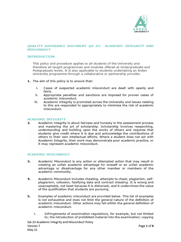 QA 23 - Academic Integrity and Misconduct v7 May21 | PDF | Academic ...