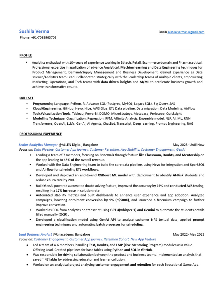 Sushila Verma: Analytics Expertise in Edtech | PDF | Amazon Web ...