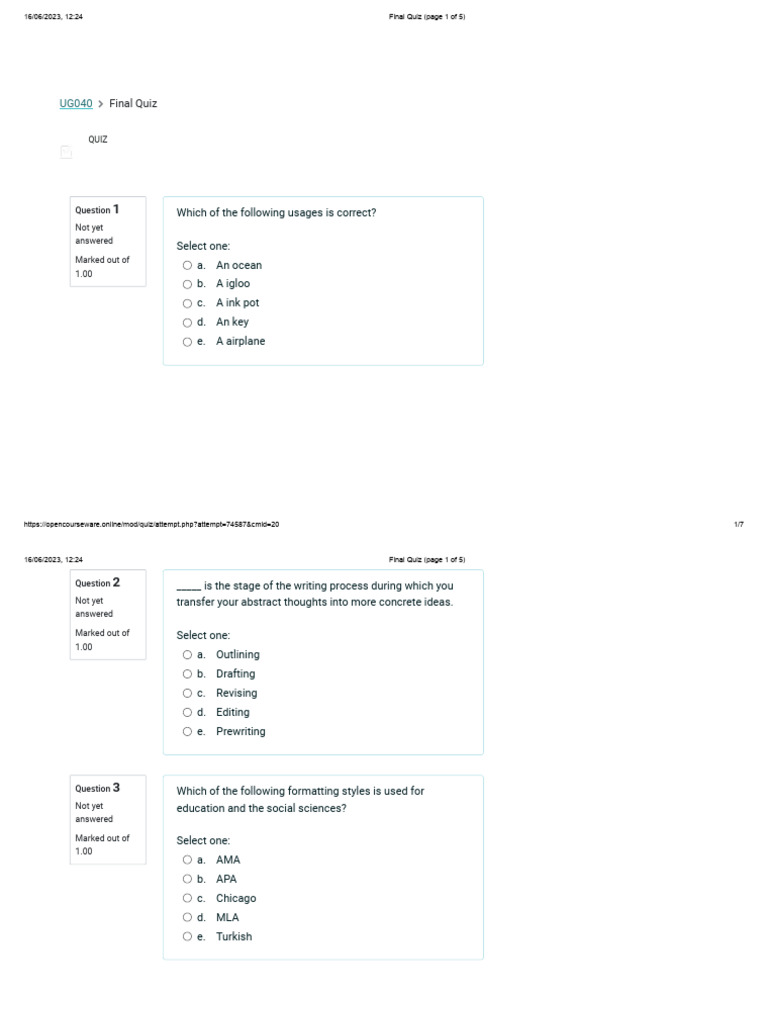 Final Quiz (Page 1 of 5) | PDF | Citation | Writing