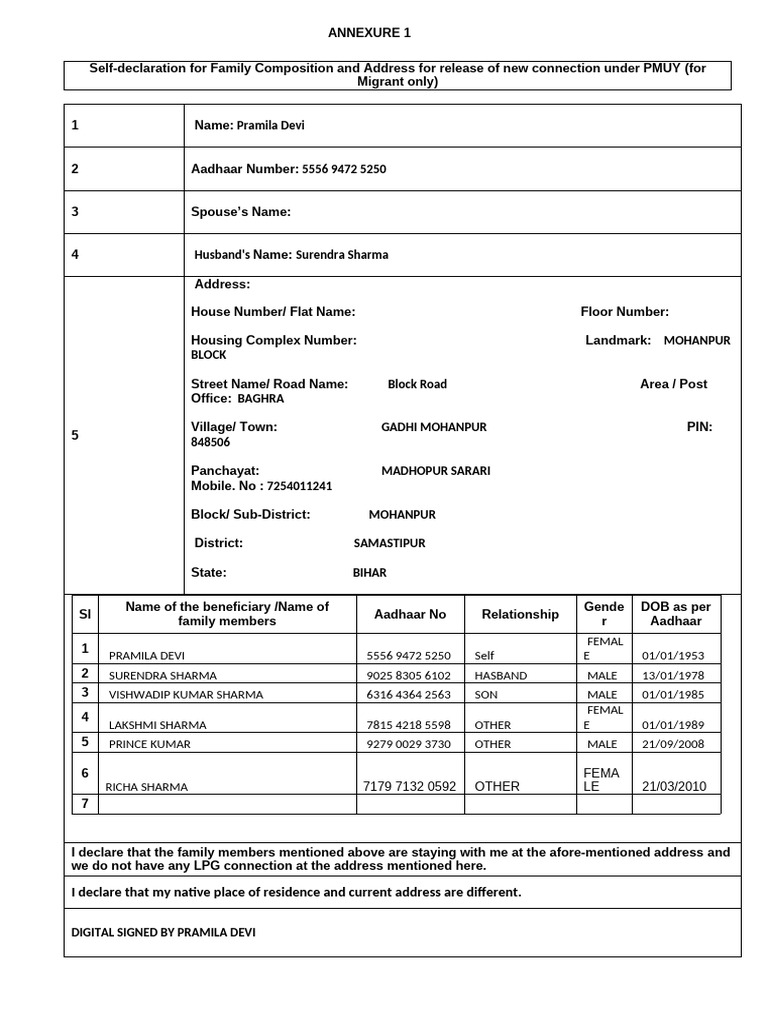 ANNEXURE-I Declaration of Address and Family Composition | PDF ...