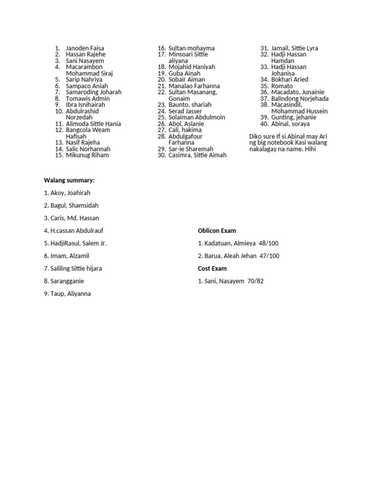 List of Names and Exam Scores | PDF