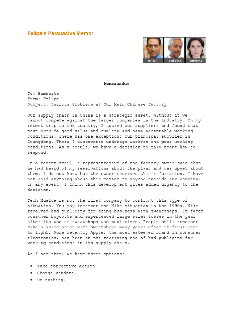 6484-1 Felipe Persuasive Memo Final | PDF | Sweatshop | Lead