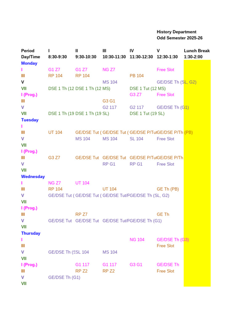 History Department Timetable 2025-26 | PDF