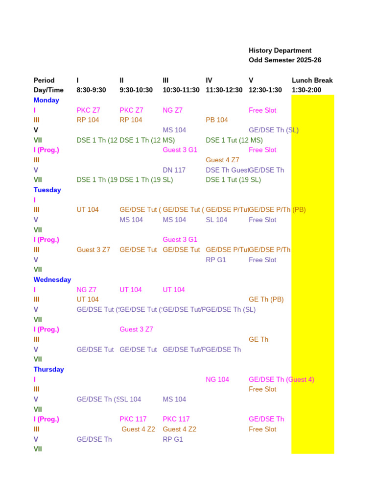 History Department Odd Semester Time-Table 2025-26-1 | PDF