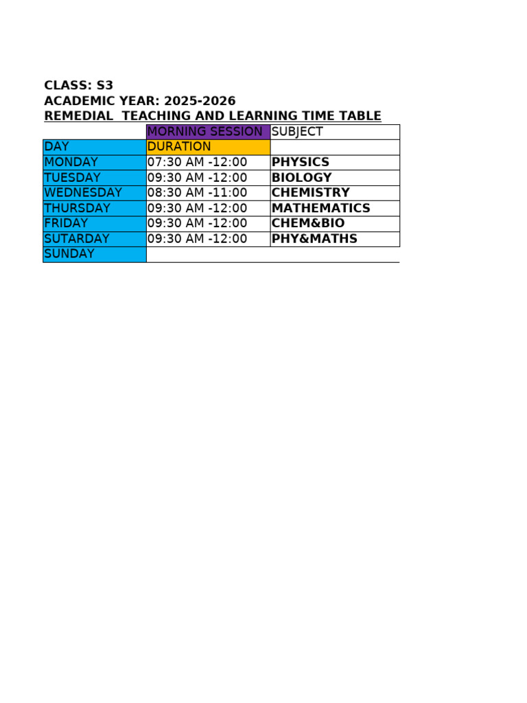 Remedial Teaching and Learning Time Table | PDF
